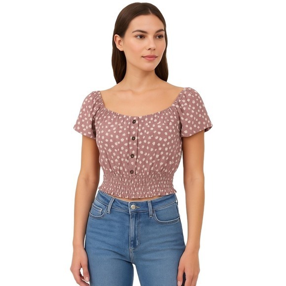 Unknown | Tops | Monteau Purple And White Floral Crop Blouse Puff Cap ...